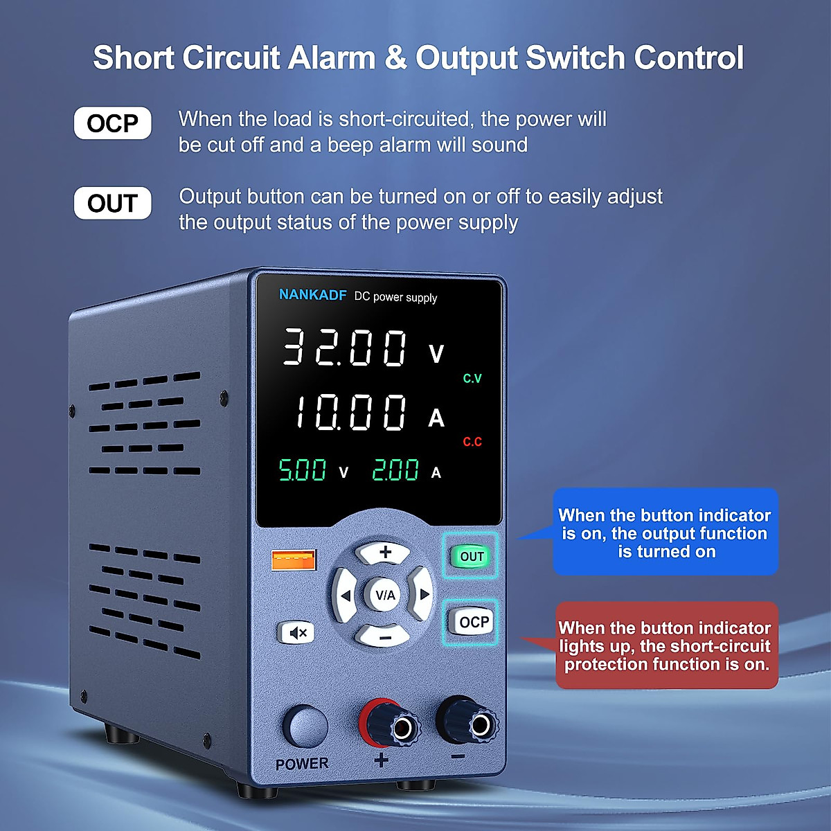 DC Power Supply, Variable Power Supply with Output Button, USB Fast Charging Port, Bench Power Supply with OCP Short Circuit Alarm, USB Output Current Display, Mute Mode (30V 10A)