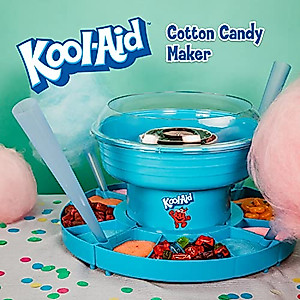 Nostalgia Kool-Aid Countertop Cotton Candy Maker with Lazy Susan Includes 2 Reusable Cones, Sugar Scoop, Extractor Head Works With Any Hard Candies or Flossing Sugar (Blue)