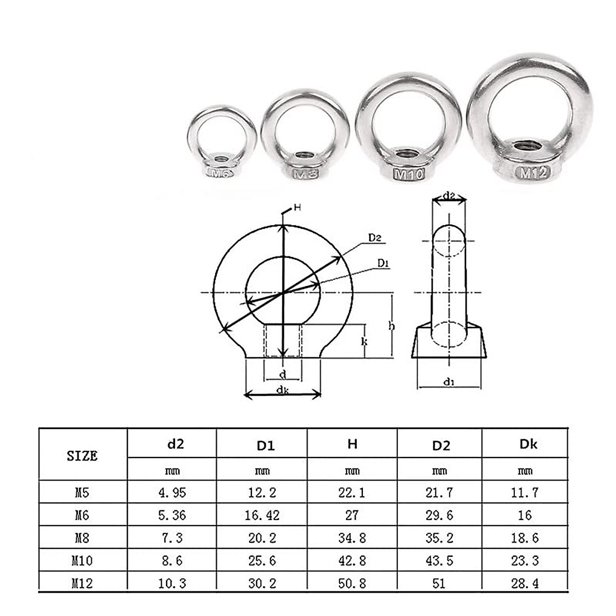4PCS M12 Ring Lifting Eye Nuts Female Threaded Nut Fastener 304 Stainless Steel Ring Eye Bolts