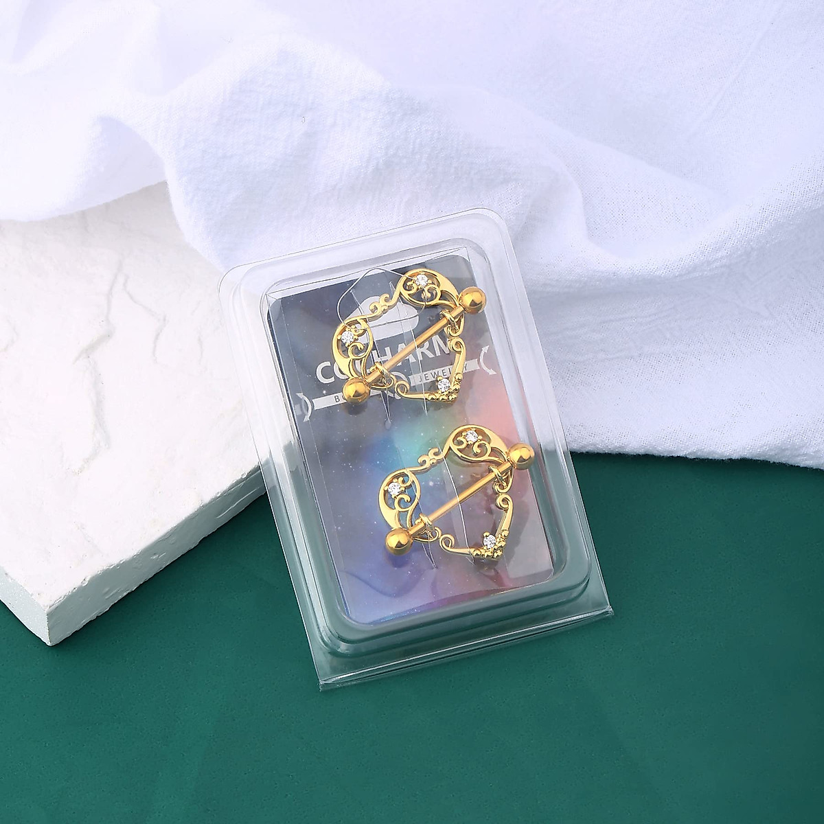 COCHARM 2pcs Heart Nipple Rings Gold for Women 14G Surgical Steel Nipple Piercing Nipple Shield CZ Nipple Barbell