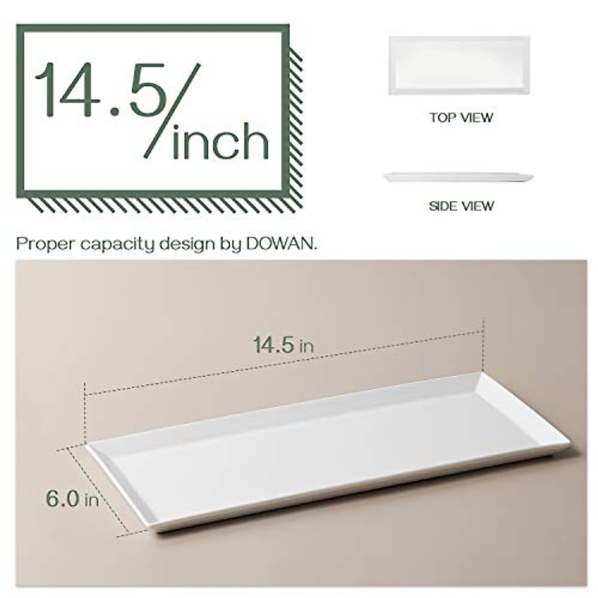 DOWAN 14.5" Rectangular Plates Set of 4 - Long Serving Trays for Sushi, Pasta, Chips, Appetizer, Cake - White Ceramic Rectangle Platter for Party, Restaurant, Banquet - Dishwasher & Oven Safe