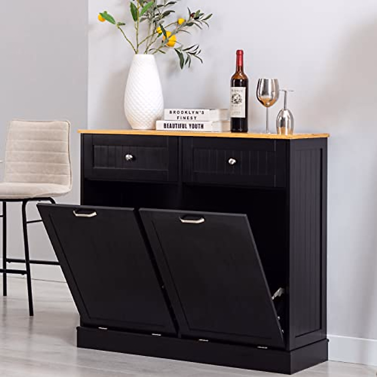 Double Tilt Out Trash Cabinet 20 Gallon, Freestanding Wooden Kitchen Trash Recycling Cabinet with Drawer & Removable Cutting Board, Dog Proof Trash Can Cabinet, Black