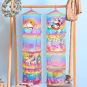 Stuffed Animals Hammock 2 Pcs Toy Storage Unicorn Castle Foldable Toy Organizers 4 Compartments Stuffed Animals Net Hanging Mesh For Kids Room Nursery