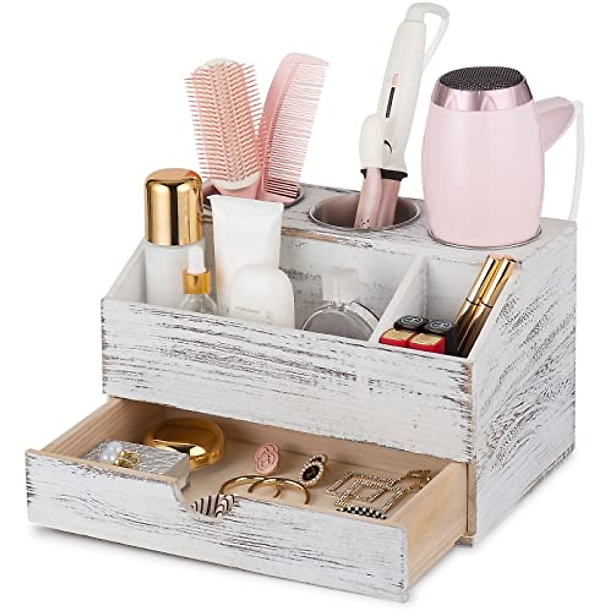iToplin Wood Hair Dryer Holder, Hair Tool Organizer, Curling Iron Holder Hair Styling Tool Organizer for Bathroom Vanity Countertop Storage (Rustic White)