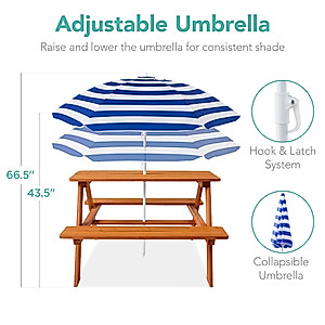 Best Choice Products Kids Wooden Picnic Table, Outdoor Activity & Dining Table w/Adjustable Collapsible Umbrella, Built-in Seats - Golden Brown/Navy