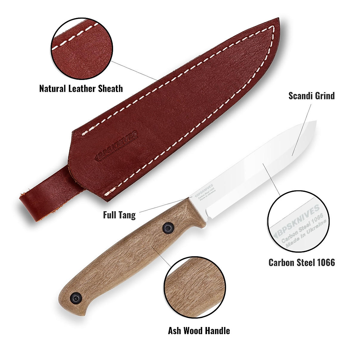 BPS Knives BS1FT CSH - Full-Tang Fixed-Blade Knife - Sharp Carbon Steel Bushcraft Knife With Sheath - Survival Compact Knife - Outdoor Knife - Tactical Camp Knife