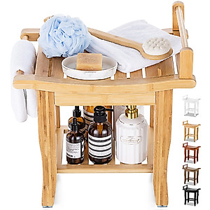 ETECHMART Bamboo Shower Bench with Storage Shelf, 2-Tier Spa Seat Bath Stool for Bathroom Bathtub Elderly Disabled Seniors Women, Inside Shower Shaving Legs, Waterproof, Natural