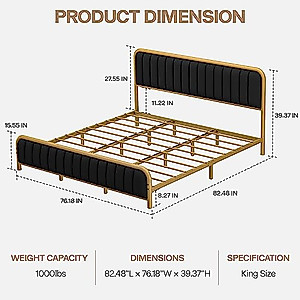 DOGIBIXO Gold Bed Frame King Size with LED Lights, Black Upholstered Bed Frame with Tufted Headboard and Footboard, Metal Slats Support, Noise-Free, No Box Spring Needed