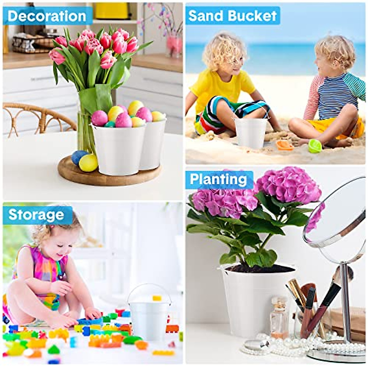 Rtteri 24 Pcs Metal Bucket, Small Metal Bucket, Party Favor Buckets with Handle, 6 x 5 Inch Ice Bucket for Kids, Flower Pot Plant Basket, Mini Toy Containers for Crafts Candy (White)