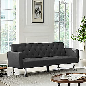 Convertible Folding Futon Sofa Bed, Grey Fabric Sleeper Sofa Couch for Compact Living Space