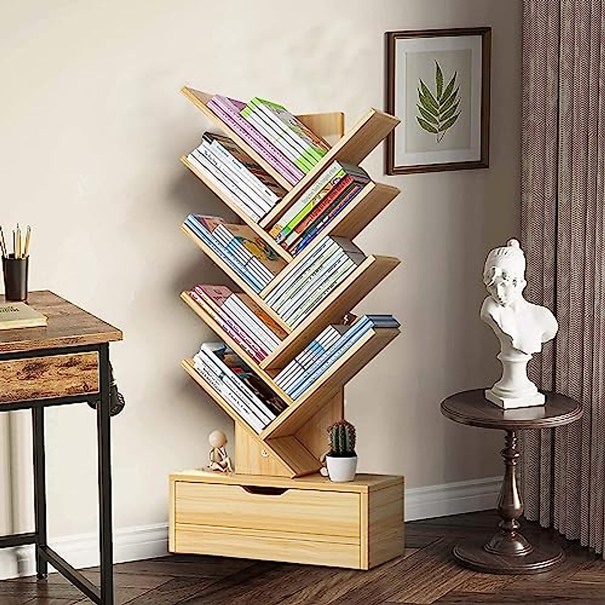 8 Tier Book Shelf 48 Inches Tall with Drawers, Kids Wood Bookshelf Modern Open Narrow for Books and Plants Display, Creative Tree Shape Etagere Bookcase for Bedroom, Living Room, Classroom Wooden Col