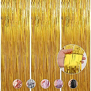 Crosize 3 Pack 3.3 x 9.9 ft Gold Foil Fringe Curtains Party Decorations, Tinsel Curtain Backdrop for Parties, Door Streamers, Glitter Streamer Backdrop for Birthday, Photo Booth Backdrops, Party Decor