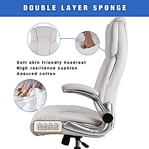 Managerial and Executive Office Chair,Ergonomic White PU Leather Office Desk Chair,Diamond Stitched High Back Swivel Task Chair with Rocking Function,Adjustable Flip-up Armrests Computer Chair