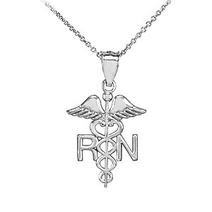 925 Sterling Silver Caduceus RN Charm Registered Nurse Pendant Necklace, 18"
