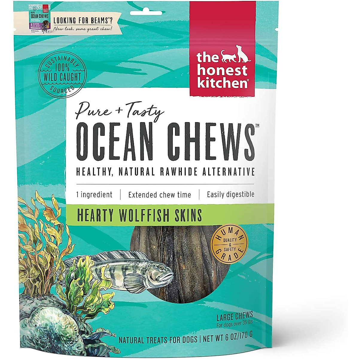 Pet Faves (3 Pack of 6oz) The Honest Kitchen Wolffish Ocean Chews Grain Free Dog Chew Treats – Natural Human Grade Dehydrated Fish Skins (6 oz Each) with 10ct Wipes