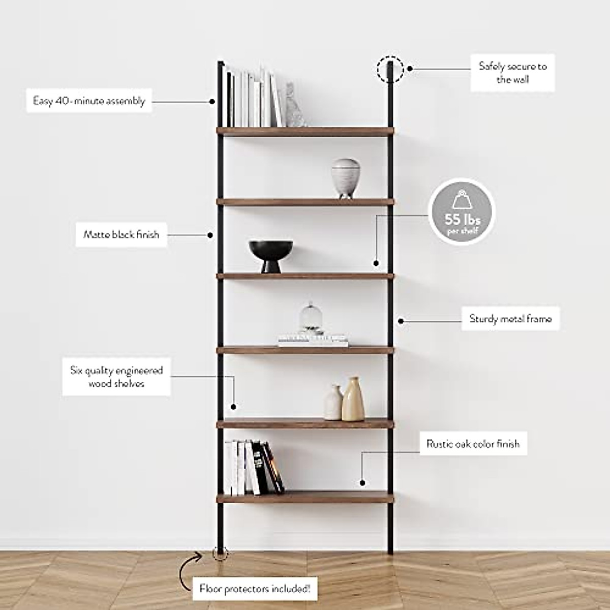 Nathan James Theo 6-Shelf Tall Bookcase, Wall Mount Bookshelf with Reclaimed Wood and Industrial Metal Frame, Oak/Black