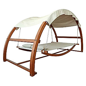 Leisure Season SBWC402 Swing Bed With Canopy - Brown - 1 Piece - 2-Person Covered Hammock With Wooden Stand - Outdoor Daybed, Furniture For Lawn, Patio, Poolside, Deck, Garden, Backyard - Adjustable