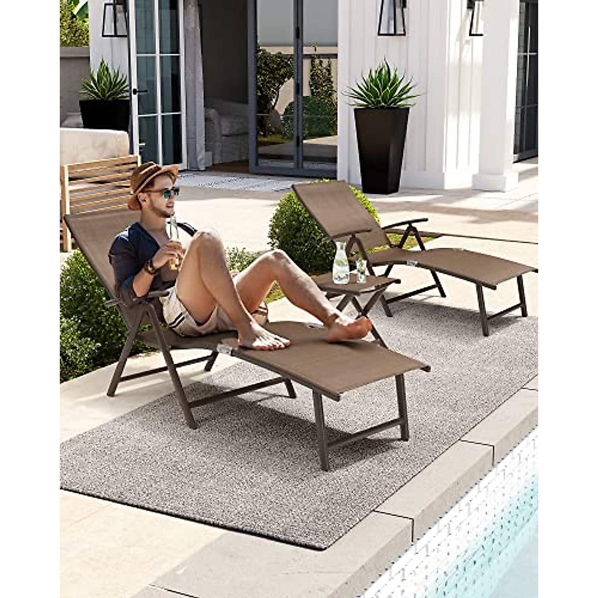 Crestlive Products Folding Patio Chaise Lounge Chair for Outside Aluminum Adjustable Outdoor Pool Recliner Chair, Brown Frame, 8 Positions (2PCS Brown Lounge Chair with 1PC Table)