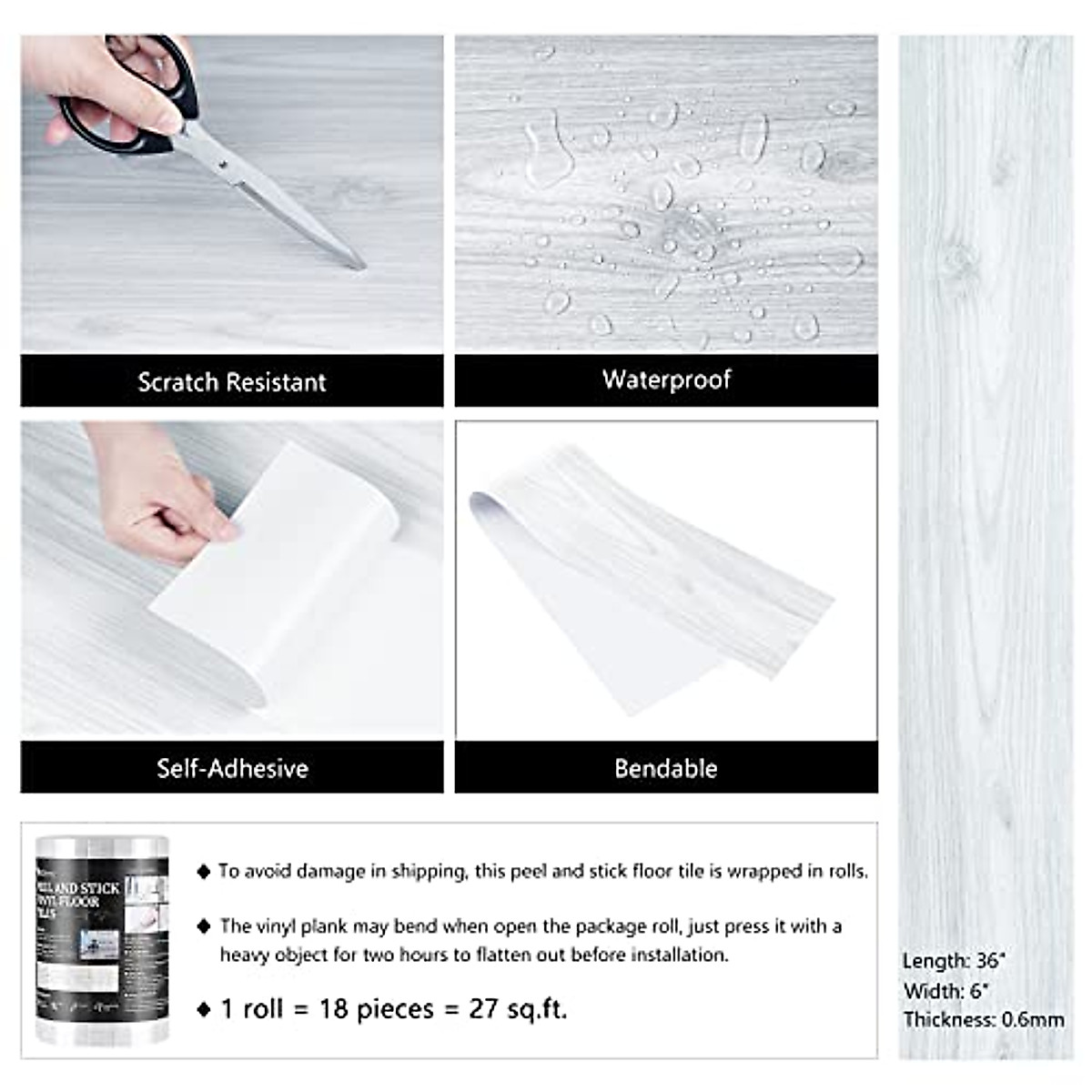 LaCheery 36"x6" 18 Tiles Bathroom Floor Tiles Peel and Stick Waterproof Sticky Floor Tile Grey White Oak Wood Plank Vinyl Flooring Tiles Peel and Stick for Bathroom Self Adhesive Vinyl Floor Tiles