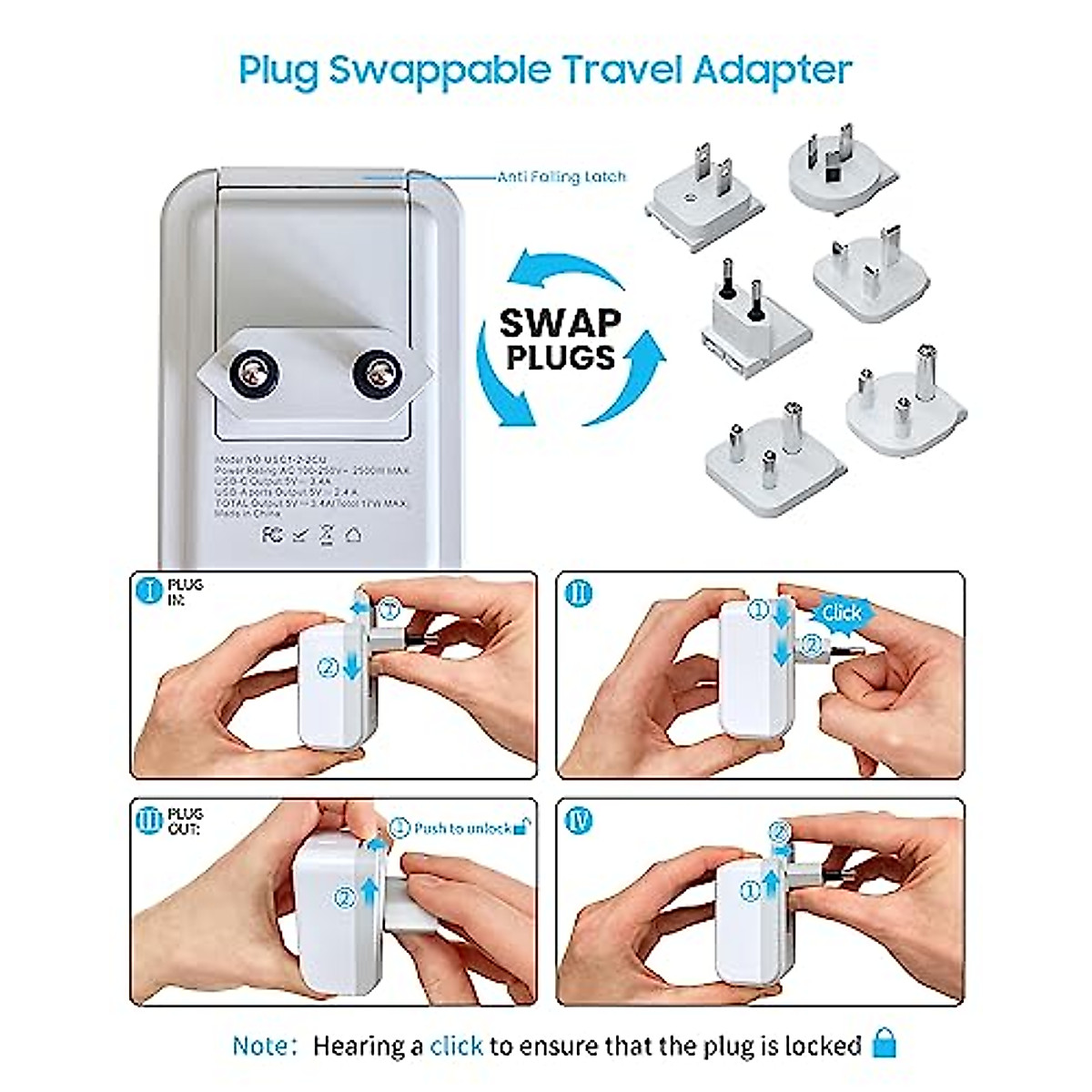 Universal Travel Adapter Kit, VINTAR International Plug Adapter with 3 USB Ports(2 USB C, 3.4A) & 2 American Outlets, Type A,C,G,D,I,M Swap&Adapt Attachments, Adapter for US/EU/UK/India/AUS/Africa