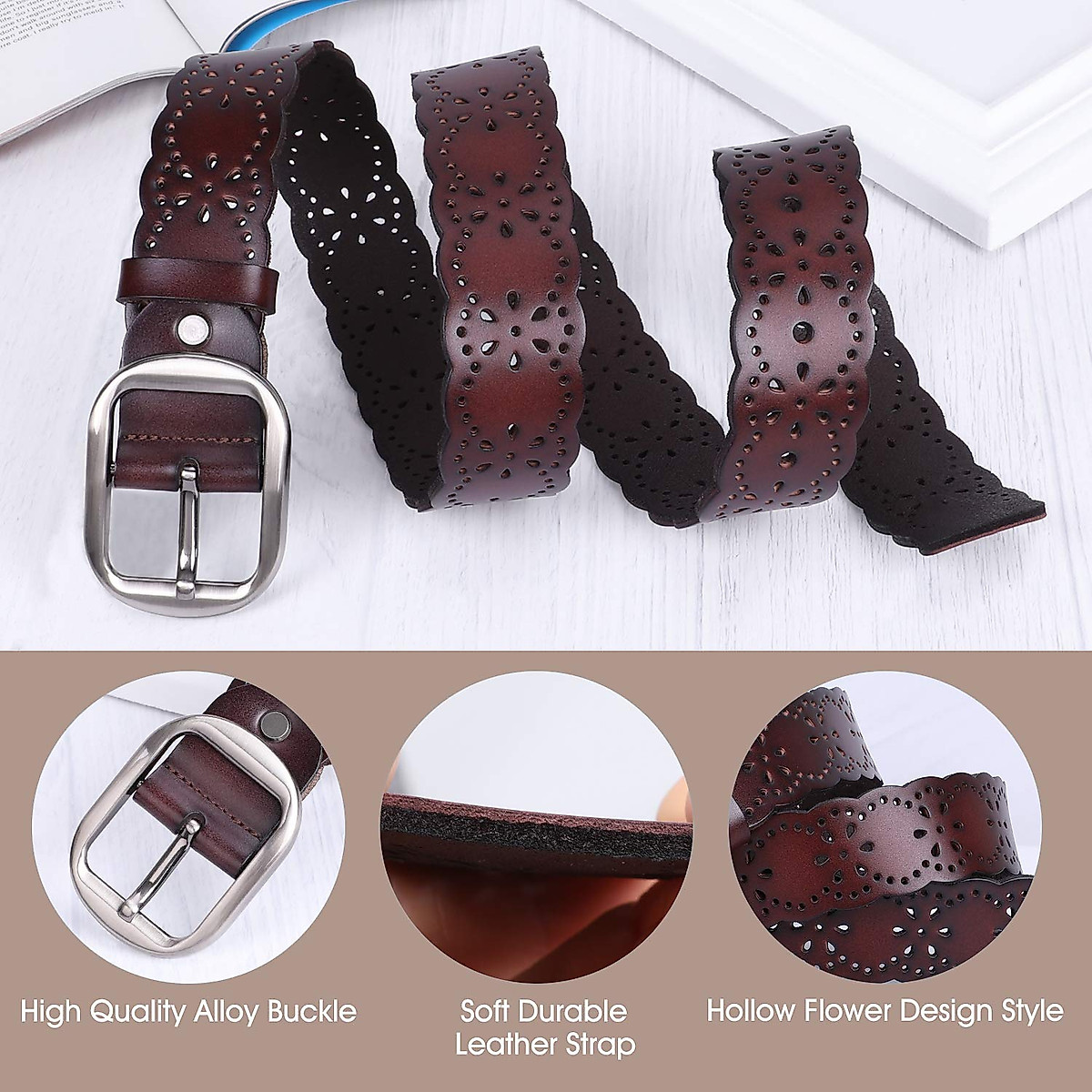 JASGOOD Women’s Hollow Flower Genuine Cowhide Leather Belt With Alloy Buckle needs dark brown and a size Waist Size 26-30 Inch