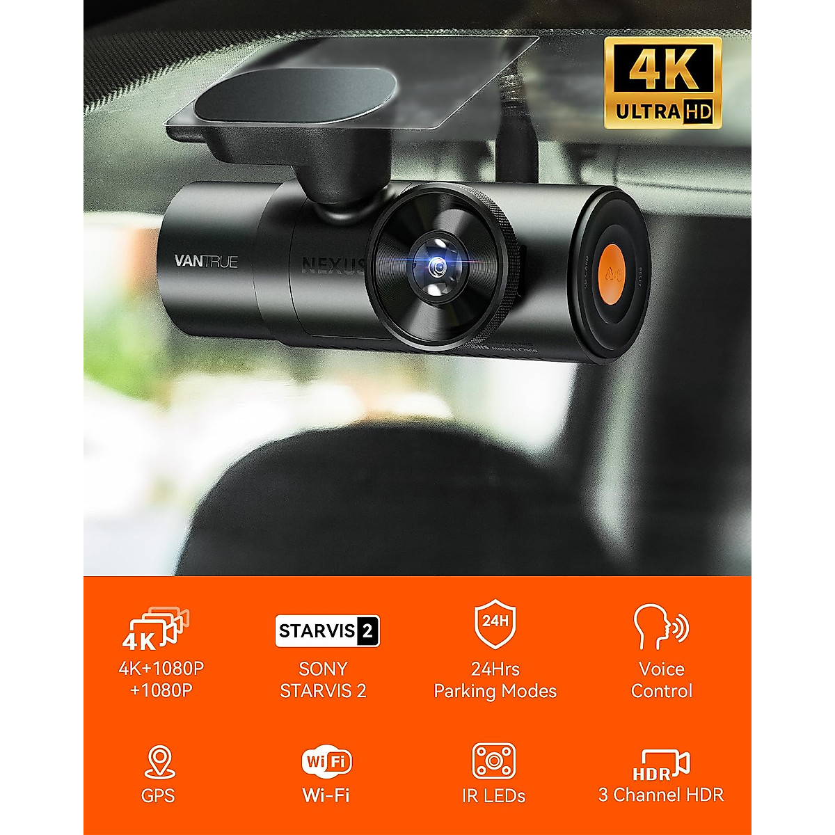 [ Bundle-5 Items: Vantrue N4 Pro 4K 3CH +CPL + Vantrue 256GB SD Card + Hardwire Kit+ Remote Control ] True 4K Wi-Fi 3-Channel Dashcam, STARVIS 2 IMX678 Night Vision, HDR, Voice Control, GPS Cam for Ub