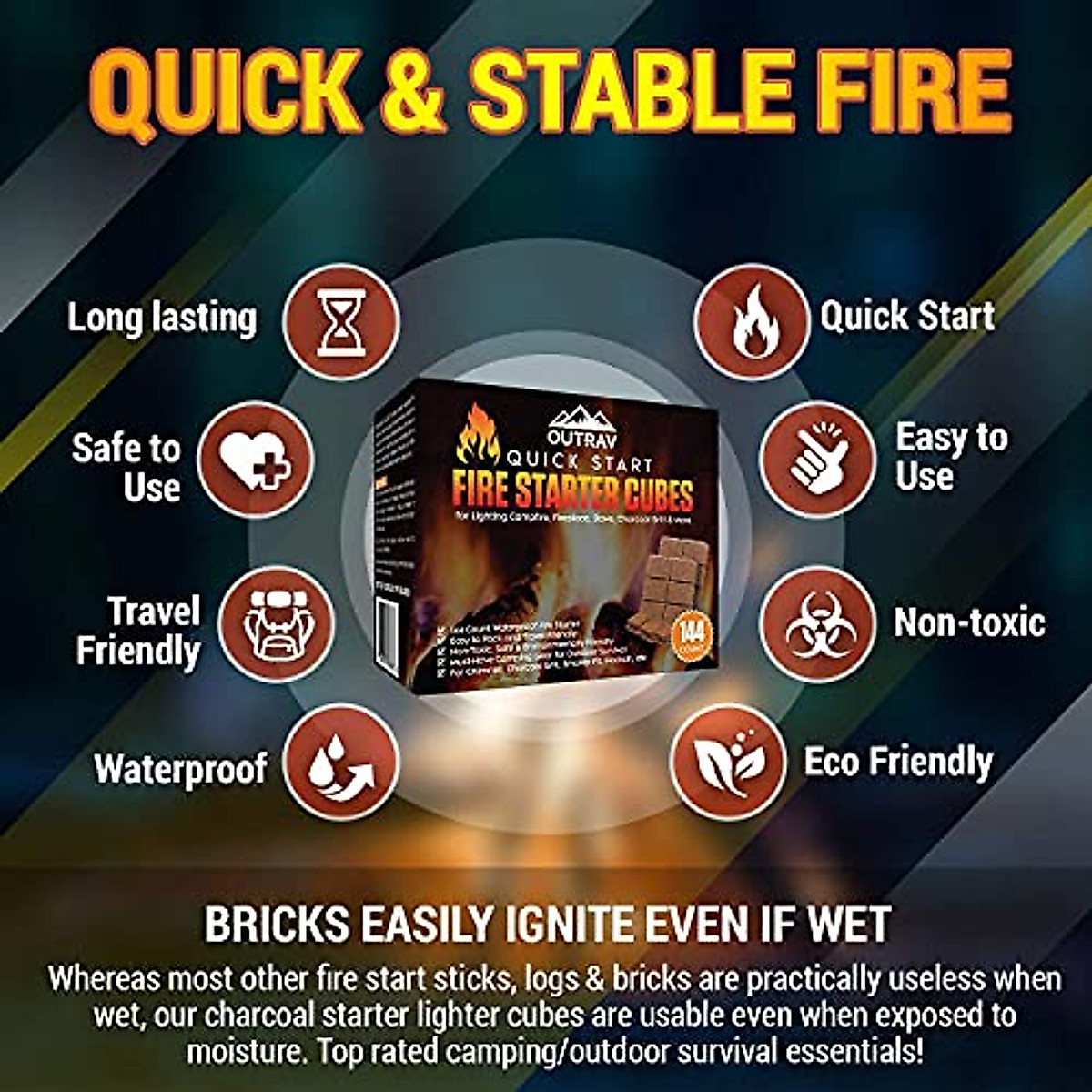 Outrav Fire Starter Cubes, 144ct Charcoal Firestarter Squares for Lighting Fireplace, Wood Stove, Grill, Campfire, BBQ Smoker Pit – Mini Nontoxic Waterproof Fire Starting Bricks for Camping, Survival