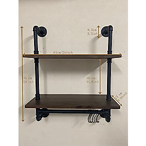MEYRUOXI Pipe Shelves Industrial Pipe Shelving Industrial Bathroom Shelves with Towel bar,24 in Rustic Metal Pipe Floating Shelves Pipe Wall Shelf,2 Tier Industrial Shelf Wall Mounted with Hook