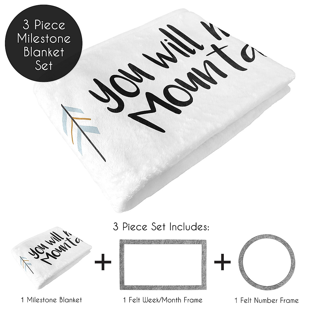 Sweet Jojo Designs Bear Mountain Boy Milestone Blanket Monthly Newborn First Year Growth Mat Baby Shower Memory Keepsake Gift Picture - Slate Blue and Black Woodland Forest You Will Move Mountains