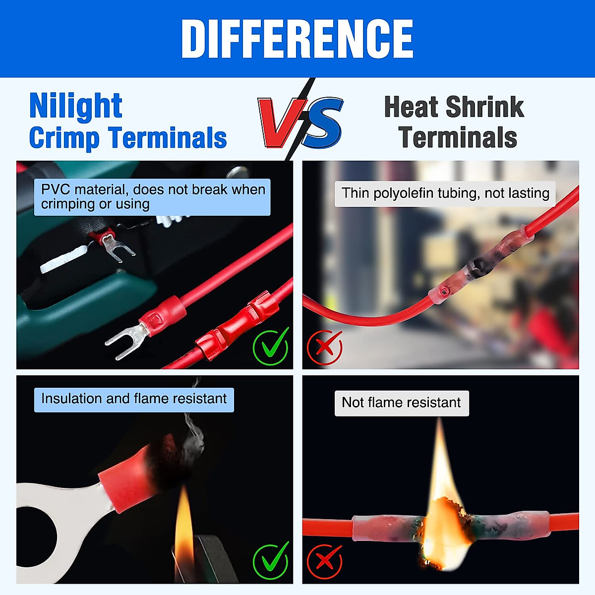 Nilight 540PCS Mixed Quick Disconnect Electrical Insulated Butt Bullet Spade Fork Ring Solderless Crimp Terminals 22-16/16-14/12-10 Gauge Electrical Wire Connectors Assortment Kit, 2 Years Warranty