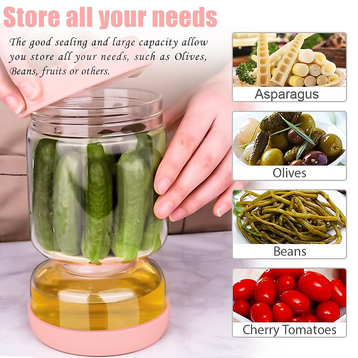 Homnoble Pickle and Olive Hourglass Jar with Strainer Flip for Pickle Juice Separator from Wet and Dry, Upgrade Food-grade ABS Lid and BPA Free Hourglass Pickle Jar for Airtight Food Storage, Pink