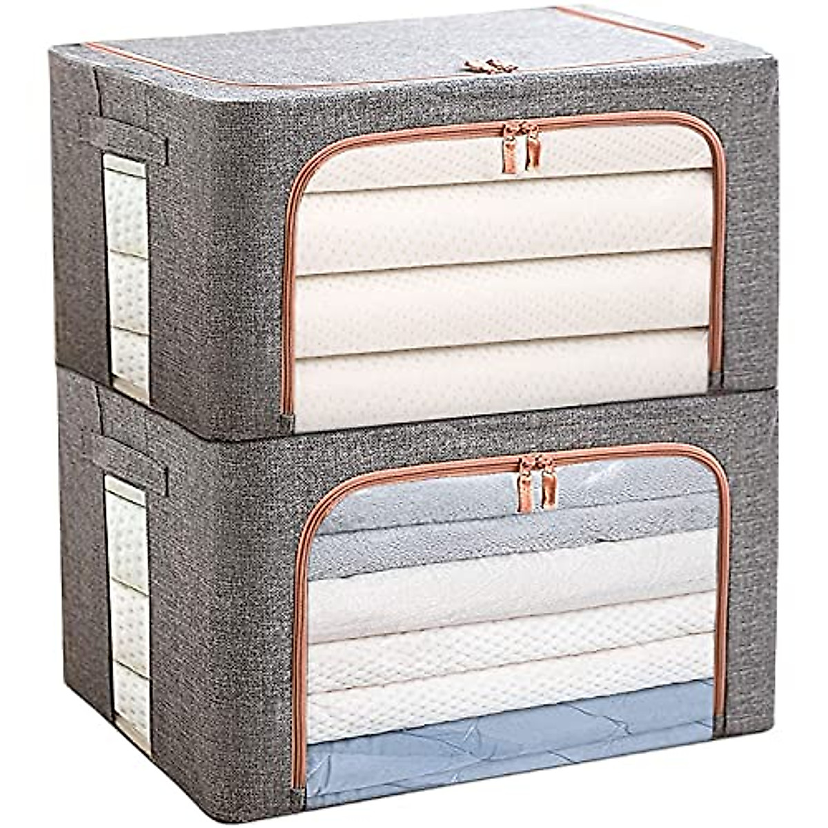 Clothes Storage Bins Boxes, 2 Pack Large Foldable Storage Bags with Clear Window/Durable Handles for Clothes, Metal Frame Clothes Storage Containers Organizer Set for Bedding, Blankets, Toys, Books(Dark gray, 66L)