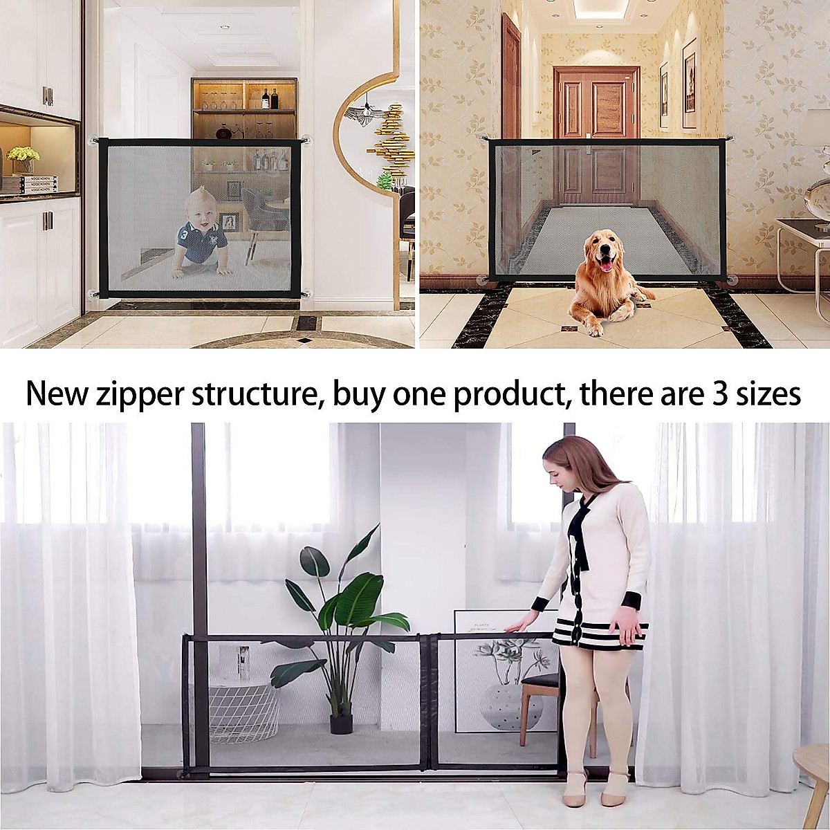 Dog Magic Gate, Mesh Pet Gates for Dogs，Adjustable Zip Design Portable Folding Safety Gate，70.9"/43.3"/27.6" Easy Install Anywhere