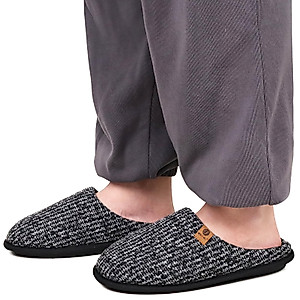 ONCAI Mens Black Knit Stripes Cozy Memory Foam scuff Slippers Slip On Warm House Shoes Indoor/Outdoor With Best Arch Surpport Size 11