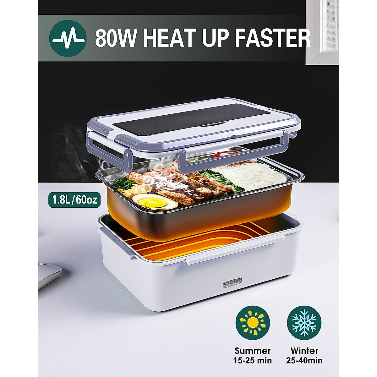 FanFanOK Electric Lunch Box 80W Heated Lunch Boxes for Adults Work/Car/Truck/Home, 1.8L Portable Food Warmer Heating Lunchbox with Insulated Lunch Cooler Bag 12V 24V 110V