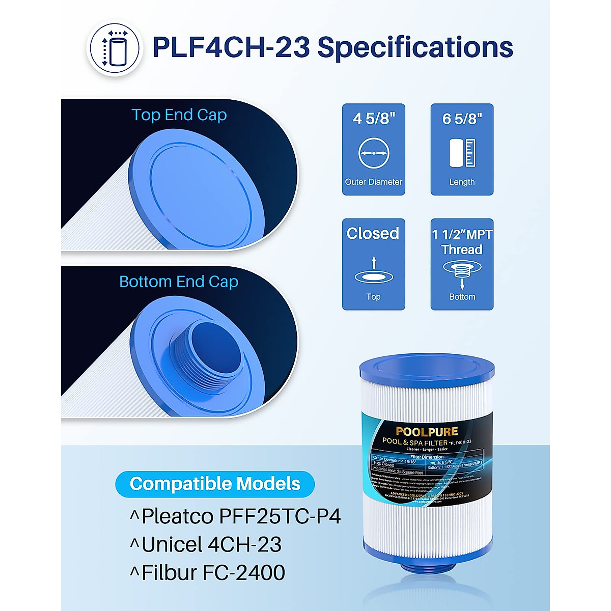 POOLPURE 4CH-23 Spa Filter Replaces PFF25TC-P4, Lifesmart 303263, 78459, Filbur FC-2400, Excel Filters XLS-442, Freeflow Lagas FF-100 CLX Claro, SD-00206, Aladdin 12536, AK-90032 Hot Tub Filter 1PACK