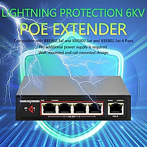 PoE Extender with Gigabit Speeds & Passthrough Switch, 48V 60W PoE+, 1 PoE++ in and 4 PoE Out, IEEE802.3af/at/bt, 6KV Surge Protection, No Power Needed