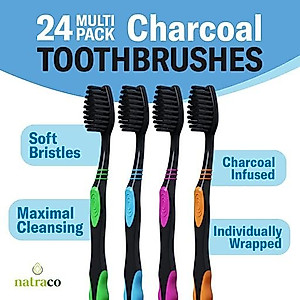 24 Count Charcoal Toothbrushes - Deepest Clean Black Charcoal Infused Soft Bristle Toothbrush Bulk Set - Colored Individually Wrapped Disposable Tooth Brush Pack for Travel, Kids, Family, Dental Care