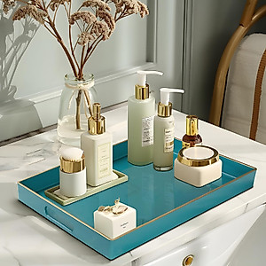 MAONAME Teal Serving Tray with Handles, Modern Decorative Tray for Coffee Table, Plastic Rectangular Tray for Ottoman, Bathroom, Decor, 15.75” x 10.2” x1.57