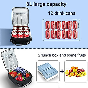 Insulated Lunch Bag 8L Lunch Box for Men Adults with Removable Shoulder Strap Small Lunch Bag for Work, Beach, Short Hiking, Day Camping, Black