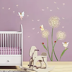 wondever Fairy Dandelion Wall Stickers Elf Fairy Peel and Stick Wall Art Decals for Baby Nursery Girls Bedroom Playroom