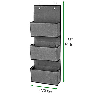mDesign Fabric Hanging Organizers for Over The Door Storage in Bedroom/Hallway Closets, 3 Pocket Organizer Caddy, Hooks for Clothing, Accessories, Lido Collection, Textured Print, Charcoal Gray/Black