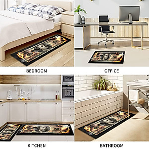 DVKKHD Money Kitchen Rugs Washable Burning 100 Dollar Bill Bathroom Rug Set 2 Piece Modern Kitchen Mats for Floor Non Skid Entryway Rug for Bedroom Home Decor Carpet Runner 17.7”x29.5”+17.7”x59”