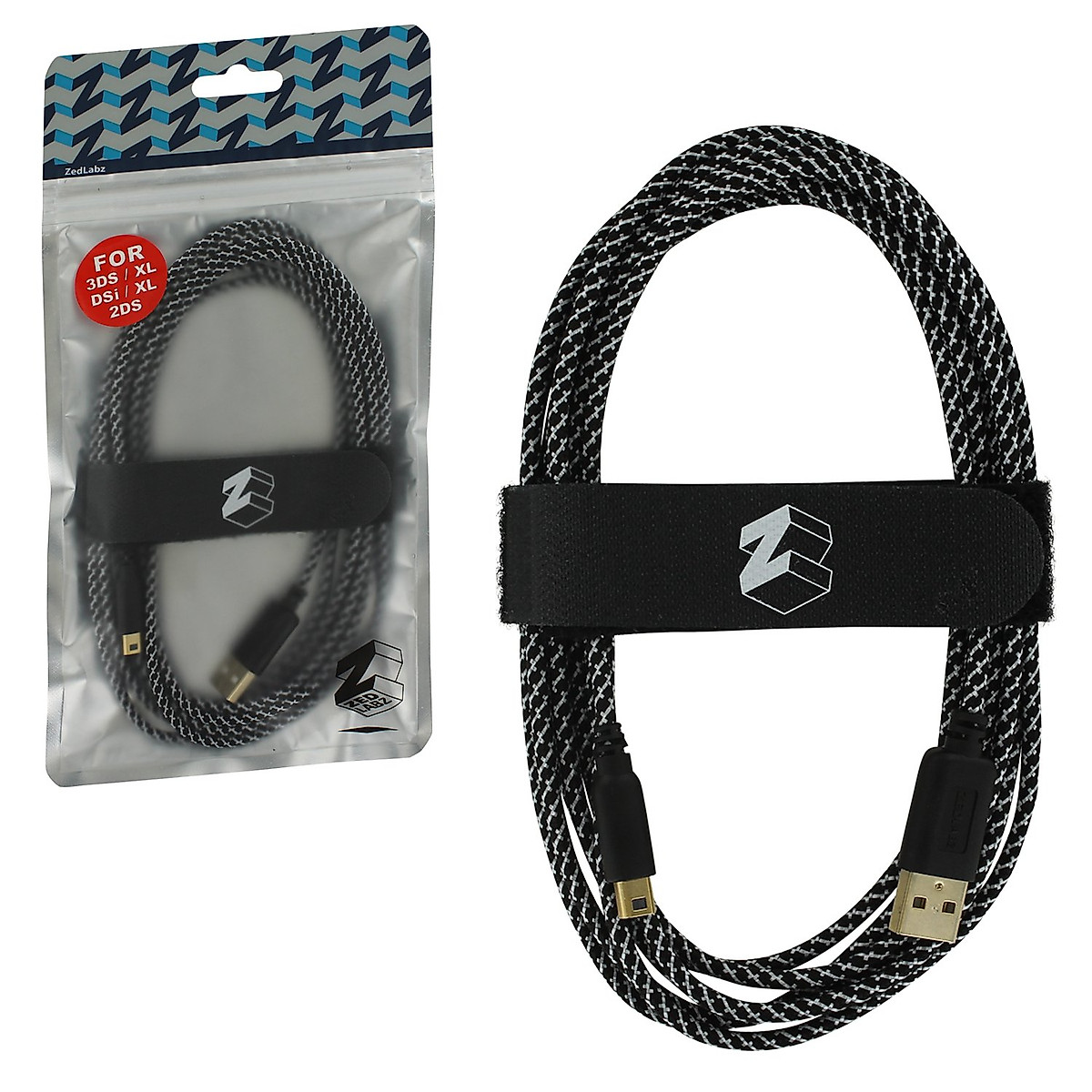 ZedLabz ultra 3M braided USB charging cable adapter for Nintendo 3DS, 2DS & DSi - gold plated extra long play & charge lead with tidy