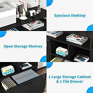 Osfvolr File Cabinet with Charging Station, Rolling Filing Cabinet with Locking Drawer for A4/Letter Size, Printer Stand with Open Storage Shelves with Wheels, File Cabinets for Home Office, Black