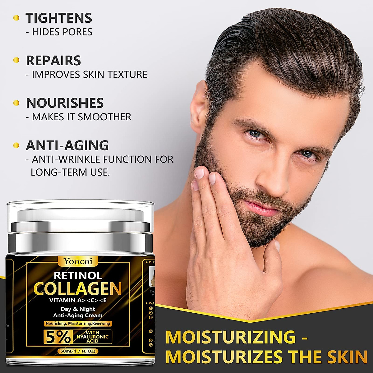 Mens Moisturizer,Retinol Cream for face,Natural Anti-Aging with Retinol, Collagen & Hyaluronic Acid - Day & Night Anti-Wrinkle Cream - Firming, Hydrating & Renewing Effect - 1.7Oz
