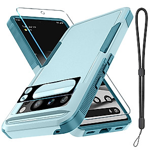 for Google Pixel 8 Pro Case, Full Body Heavy Duty Rugged Shockproof Protective Phone Cover with Wrist Lanyard Strap, Tempered Glass Screen Protector and Camera Lens Cover, Mint Green
