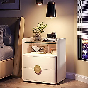 2-Drawer Nightstands Set of 2, Modern Night Stand with Open Tempered Glasses Storage Space, Wooden Bed Side Table for Bedroom, Side End Table for Living Room, Easy Assembly