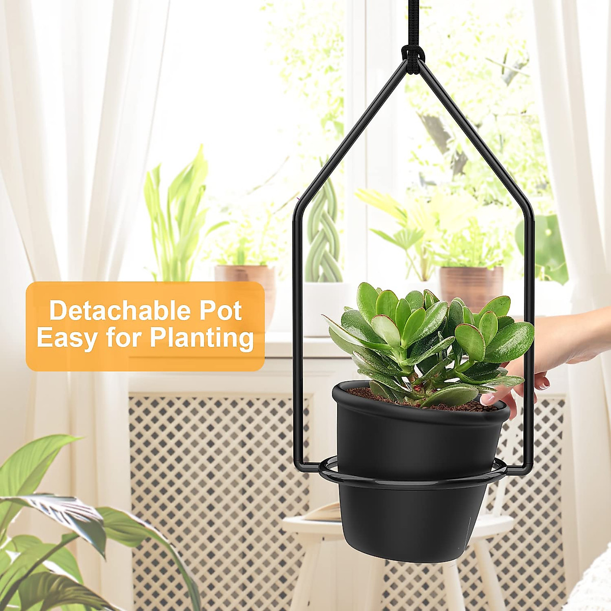 Dobyusf 4pcs Hanging Planters for Indoor Plants with Plastic Pots, Outdoor Hanging Planters Flower Pots Basket for Wall or Ceiling, Black