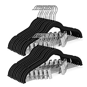 HOUSE DAY Velvet Skirt Hangers 24 Packs Velvet Hangers with Clips Ultra Thin Non Slip Velvet Pants Hangers Space Saving Clothes Hangers for Skirts, Pant, Jeans (Black)